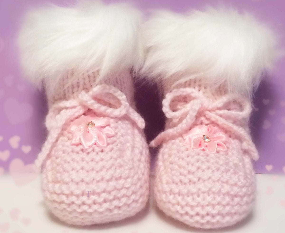 Pink Knitted Baby Booties-Faux Fur Baby Booties-Cute Handmade Baby Boo ...